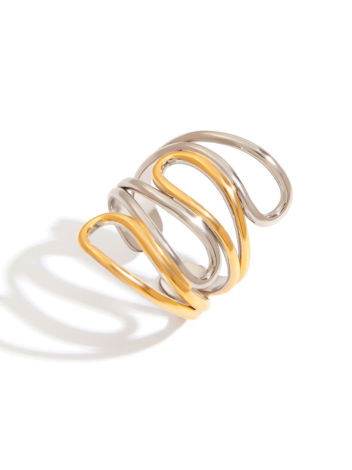 Open ring for women, wavy design, two-tone gold and silver, stainless